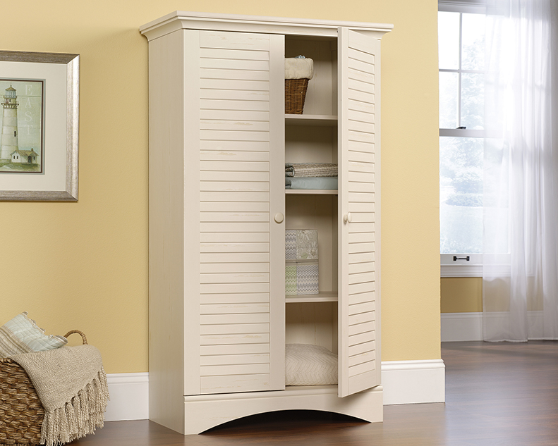 Sauder Harbor View Engineered Wood Storage Cabinet in Antiqued White 400742