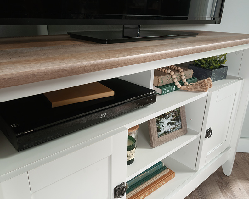August Hill Corner TV Stand Soft White with Lintel Oak 433851 Sauder