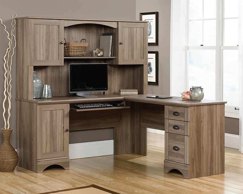 Harbor View L Shaped Desk with Hutch Salt Oak 442779 Sauder